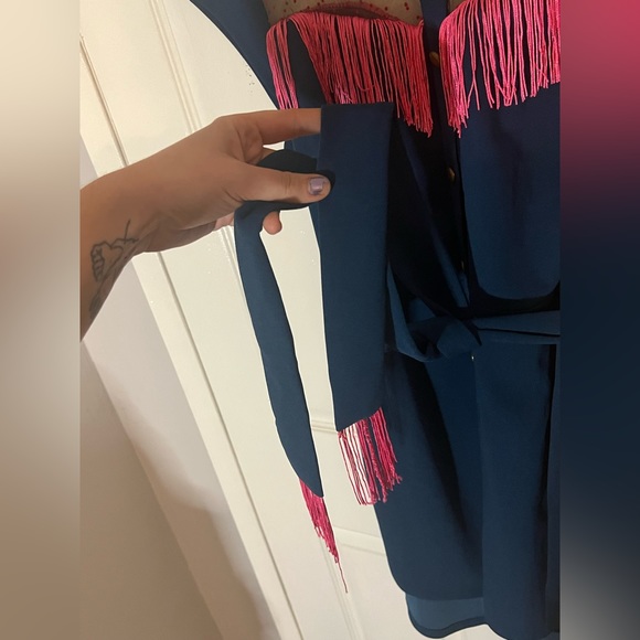 Dresses | Dobby Mesh Insert Fringe Trim High Low Hem Belted Dress Brand ...